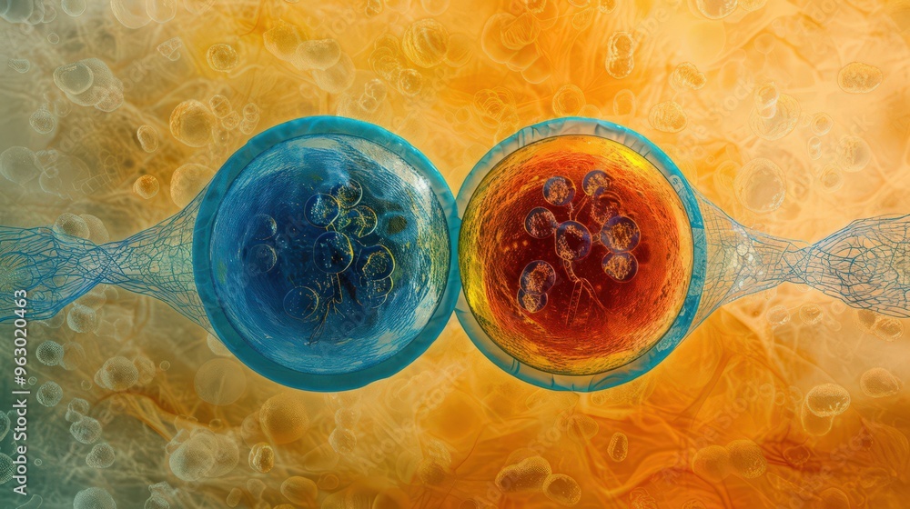 Artistic representation of a mitotic cell, illustrating the stages of ...