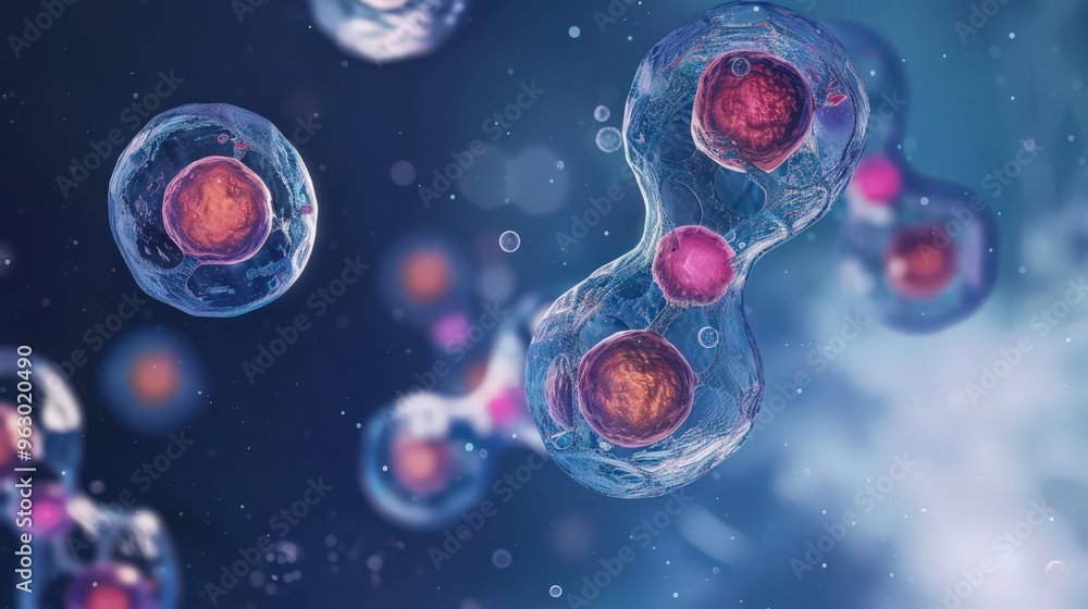 Artistic representation of a mitotic cell, illustrating the stages of ...
