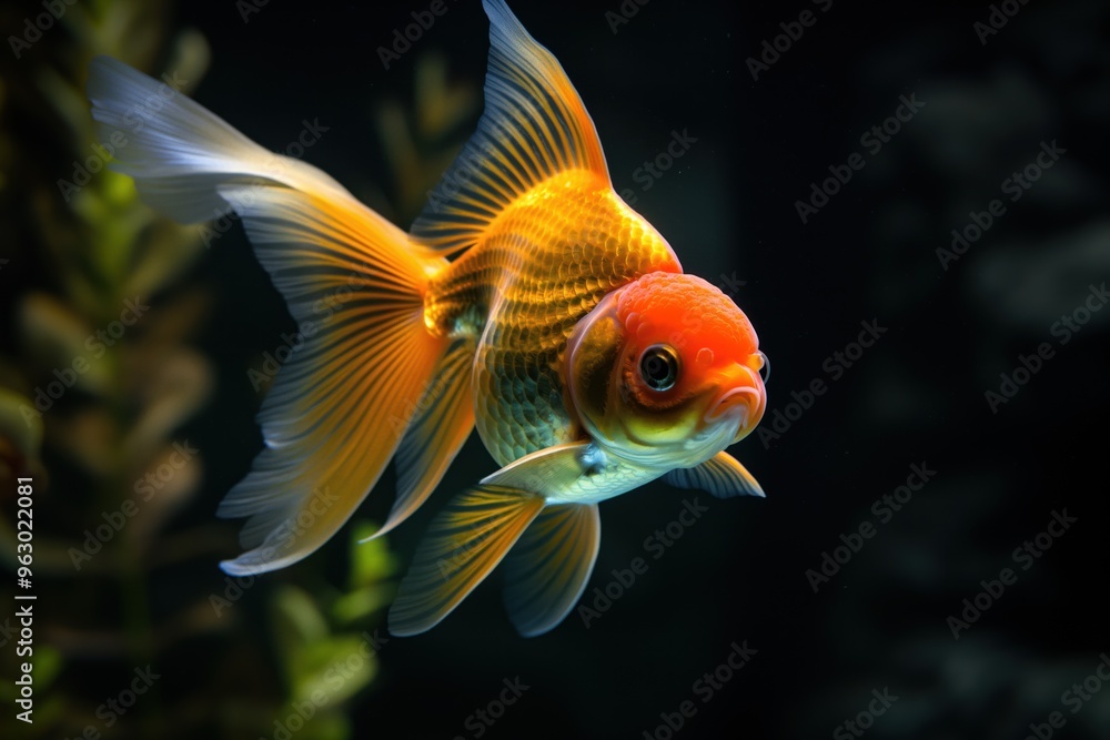 Goldfish swims in dark aquarium with vibrant orange body. Fish fins ...