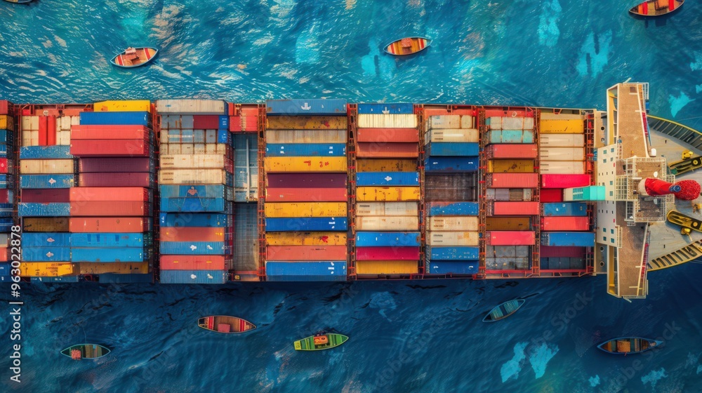 Visualize a cargo ship carrying a diverse range of goods, with shipping ...