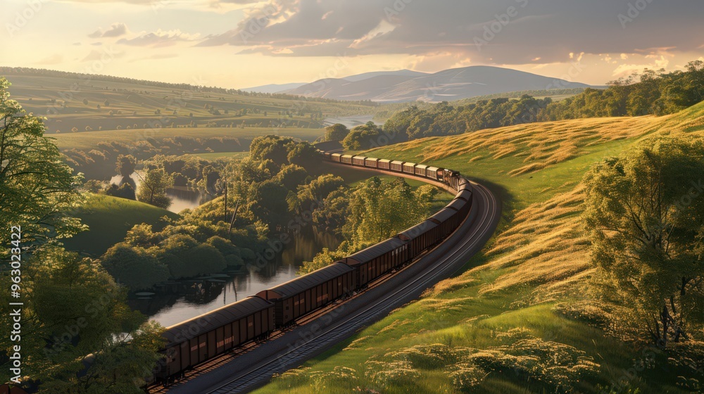 Visualize a cargo train navigating a sharp bend in the track, with a ...