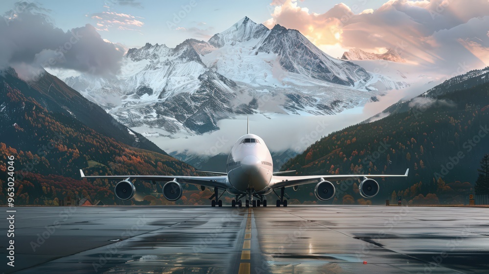 Visualize a commercial airplane on a runway in a remote location ...