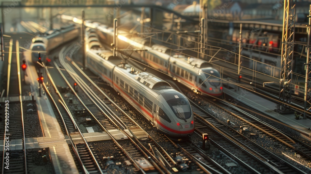 Visualize a passenger train at a bustling railway junction, with ...