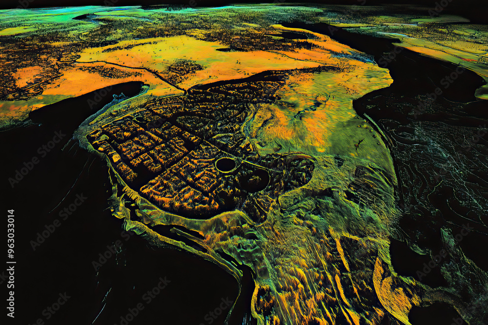 Technical aerial visual, 3D LiDAR GIS aerial map satellite scan model ...
