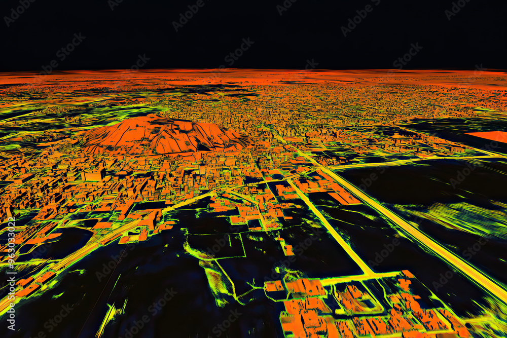 Technical aerial visual, 3D LiDAR GIS aerial map satellite scan model isolated, showing Gaborone ...