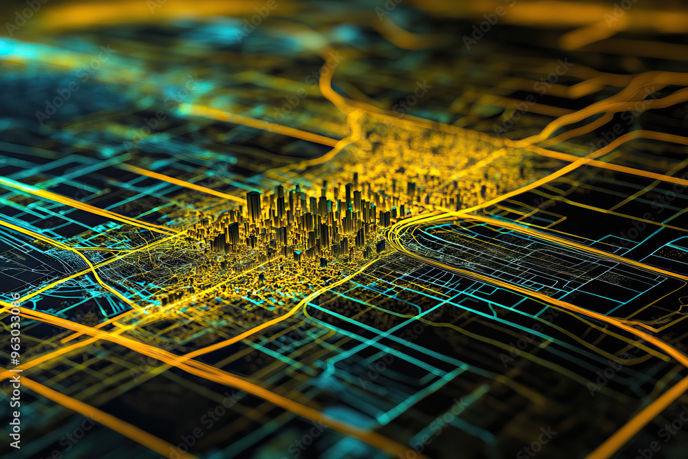 Technical aerial visual, 3D LiDAR GIS aerial map satellite scan model ...