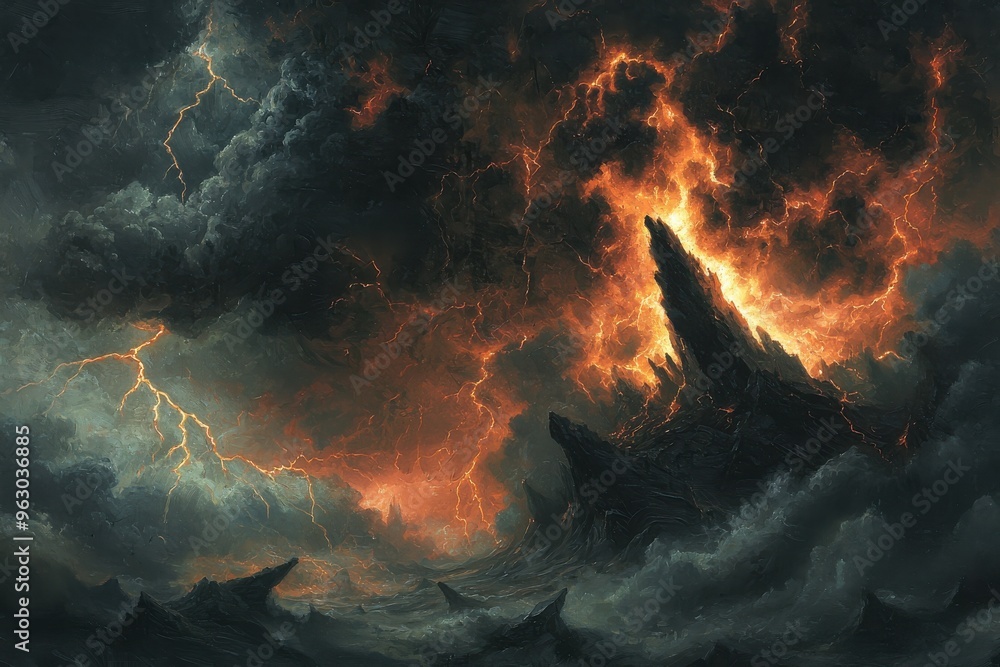 Dramatic sky with ominous dark clouds, lightning, and fiery orange ...