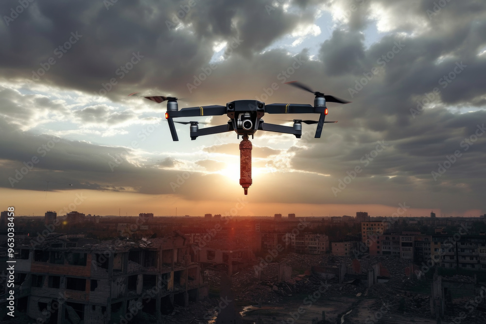 Loitering munition UAV drone with explosive flying over ruined city at ...