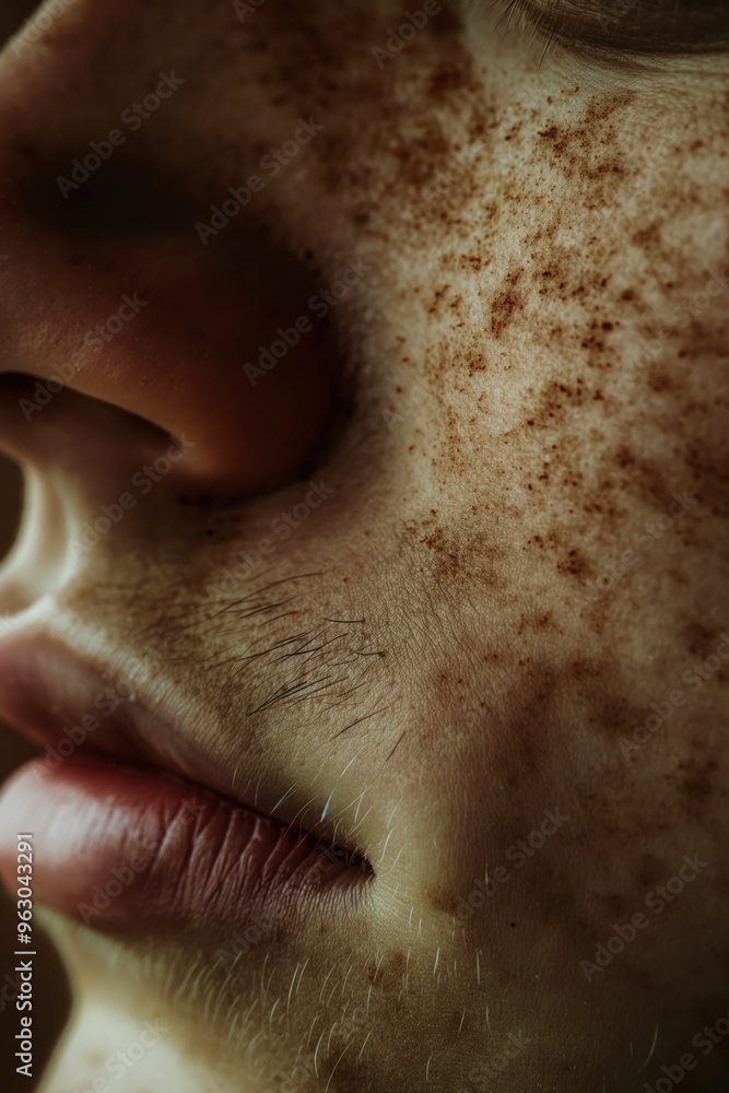 Close-up view of a person face with freckled skin around nose ...