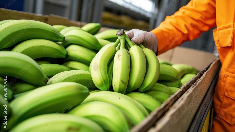 Inspector checking green bananas in a truck at a storage facility ...