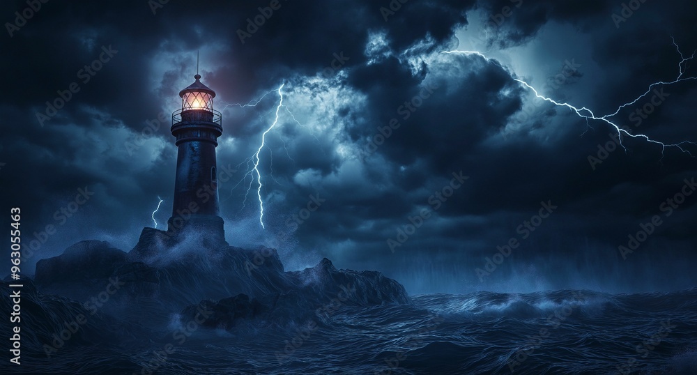 A lighthouse shining its beam of light on the stormy sea, a night sky ...
