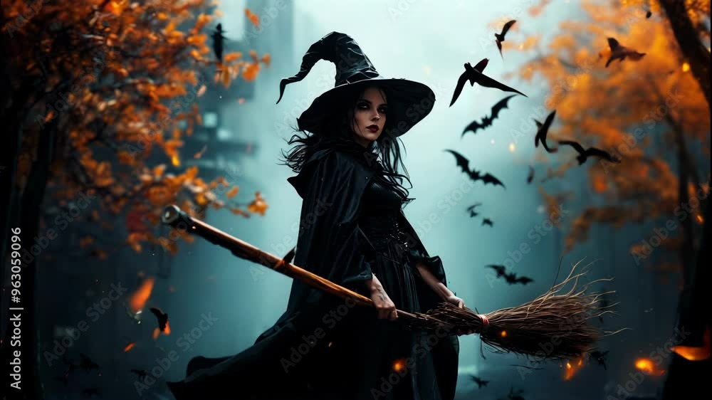 Halloween. A young witch flying on a broomstick through a mystical ...