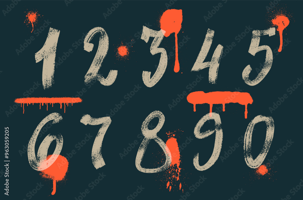 Set of bold brush drawn grunge white numbers. Hand drawn dirty textured ...