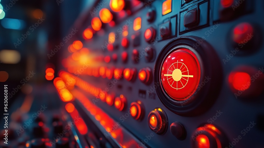 Big Red Button with Nuclear Logo on Control Panel. Control Panel with ...