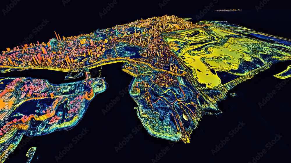Technical aerial visual, 3D LiDAR GIS aerial map satellite scan model ...
