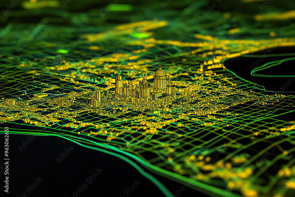Technical aerial visual, 3D LiDAR GIS aerial map satellite scan model ...