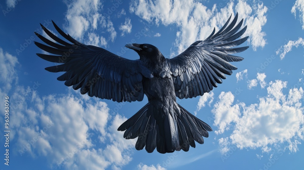 Common Raven Soaring High in Blue Sky with Stretched Wings and Tail ...