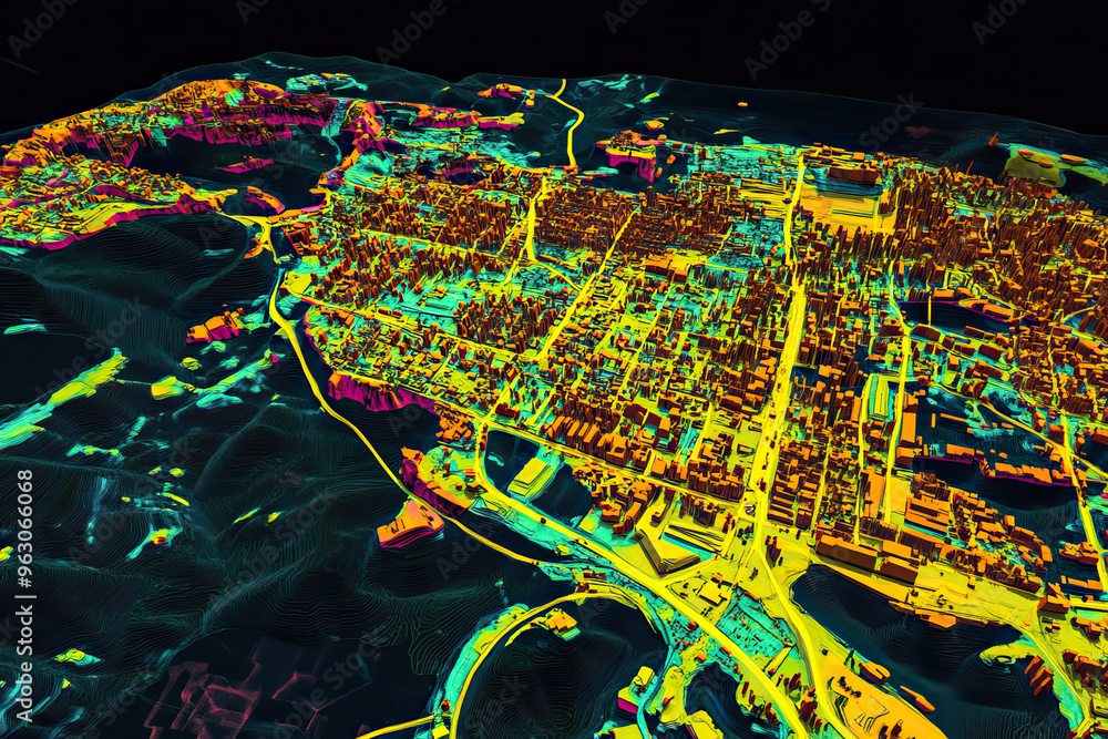 Technical aerial visual, 3D LiDAR GIS aerial map satellite scan model ...