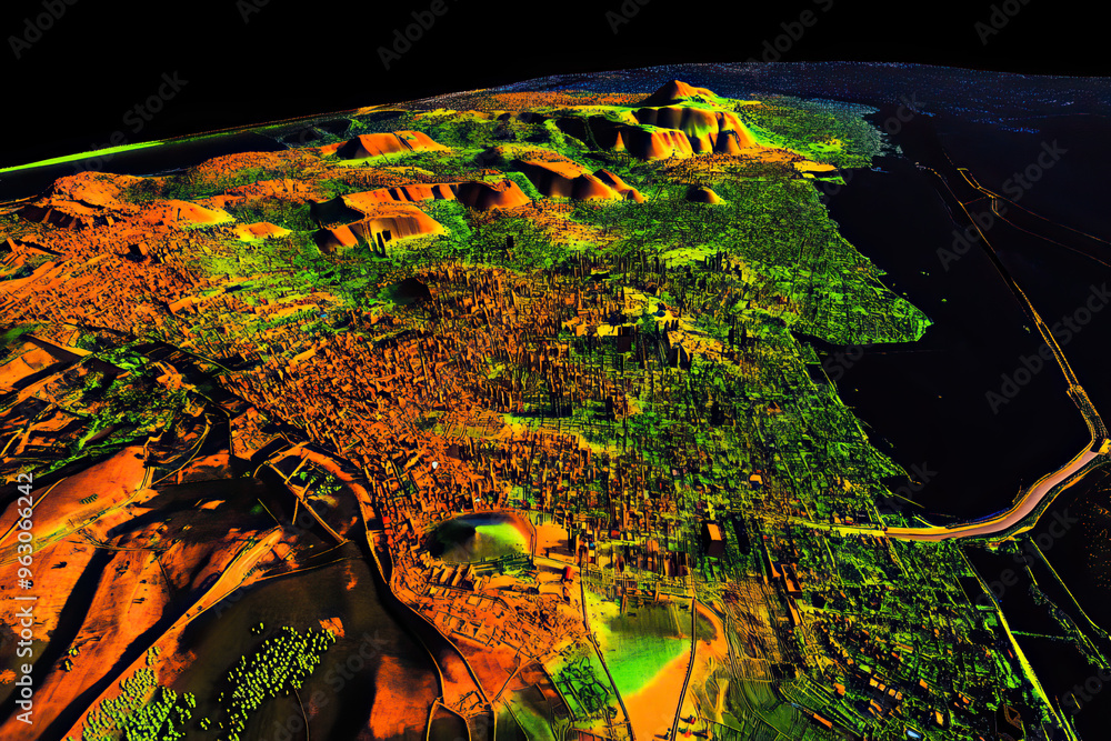 Technical aerial visual, 3D LiDAR GIS aerial map satellite scan model ...