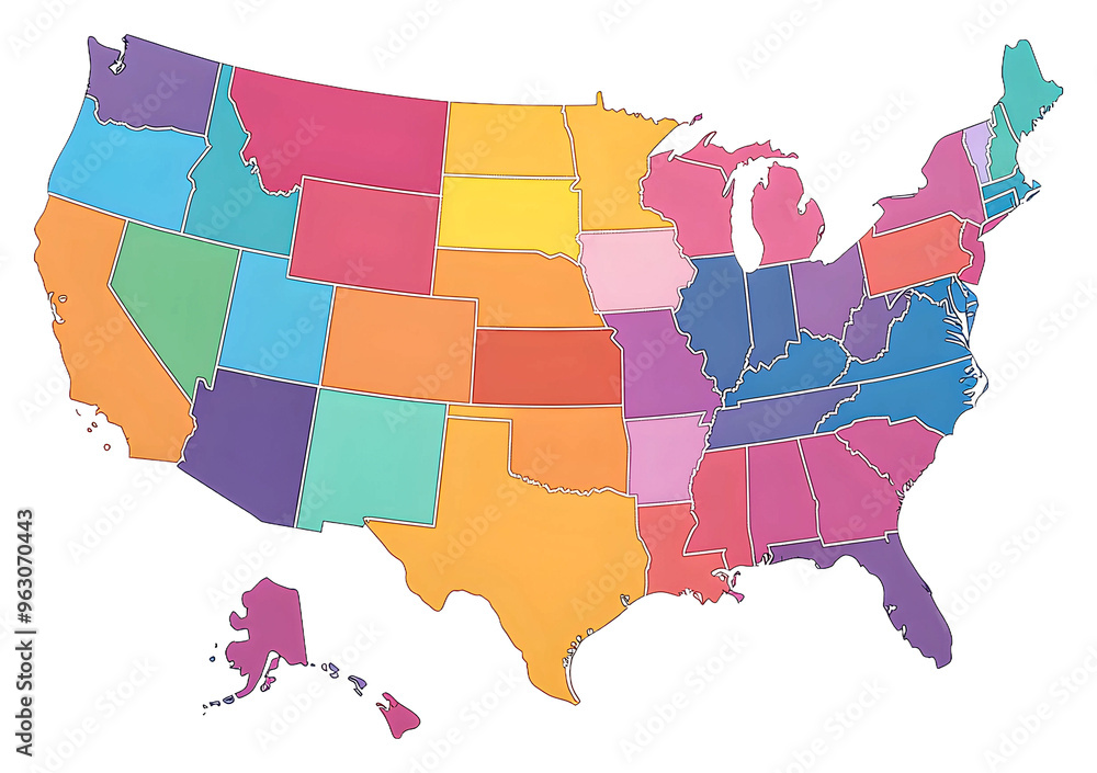 Colorful map of the U.S. showing state boundaries isolated on ...