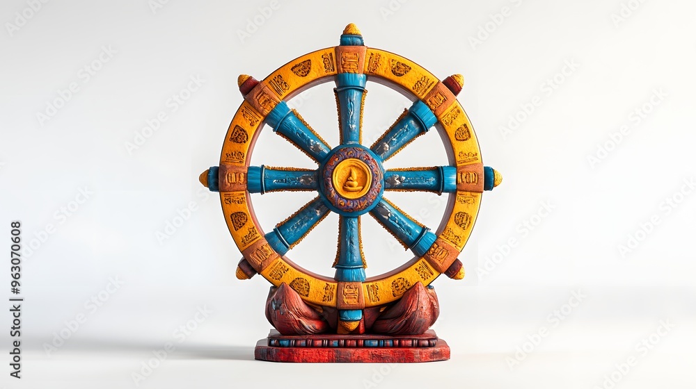 82. "A detailed 3D depiction of the Buddhist Dharma Wheel, crafted with ...