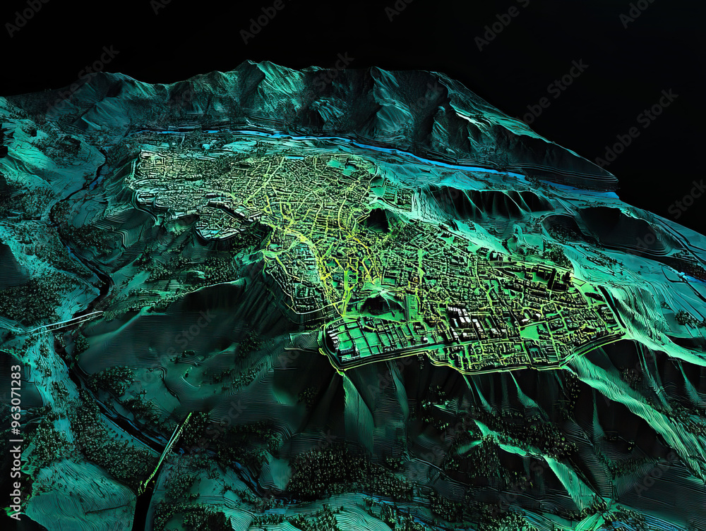 Technical aerial visual, 3D LiDAR GIS aerial map satellite scan model ...