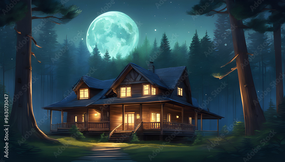 Moonlight Cabin: A charming wooden cabin bathed in the soft glow of ...