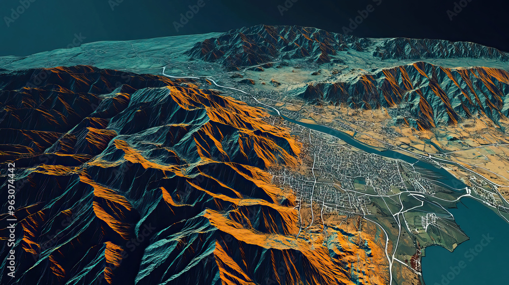 Technical aerial visual, 3D LiDAR GIS aerial map satellite scan model ...