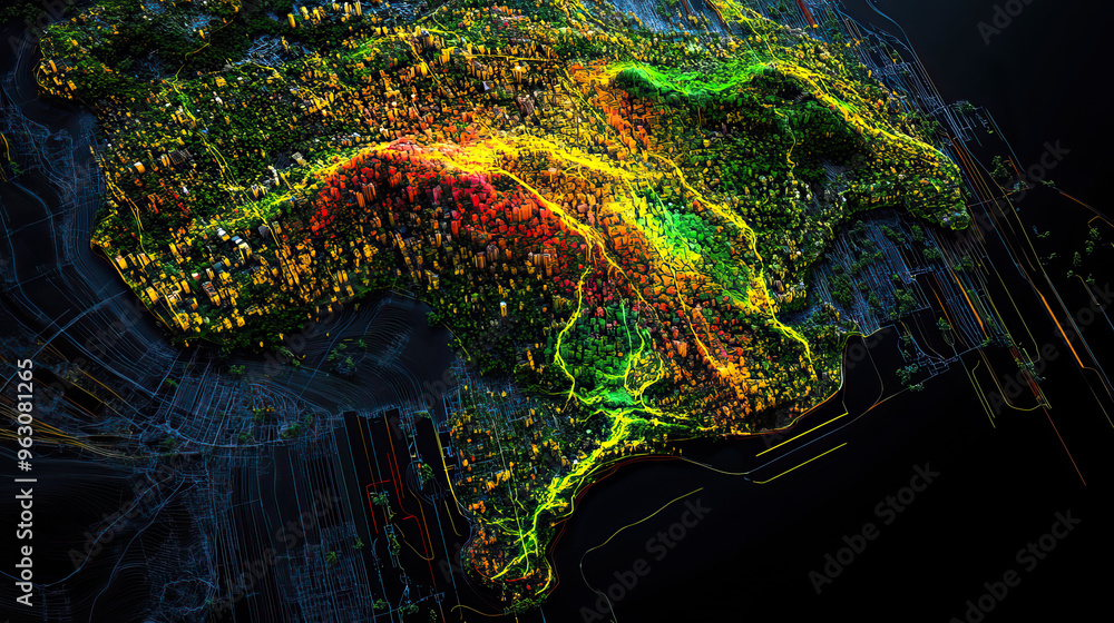 Technical aerial visual, 3D LiDAR GIS aerial map satellite scan model ...