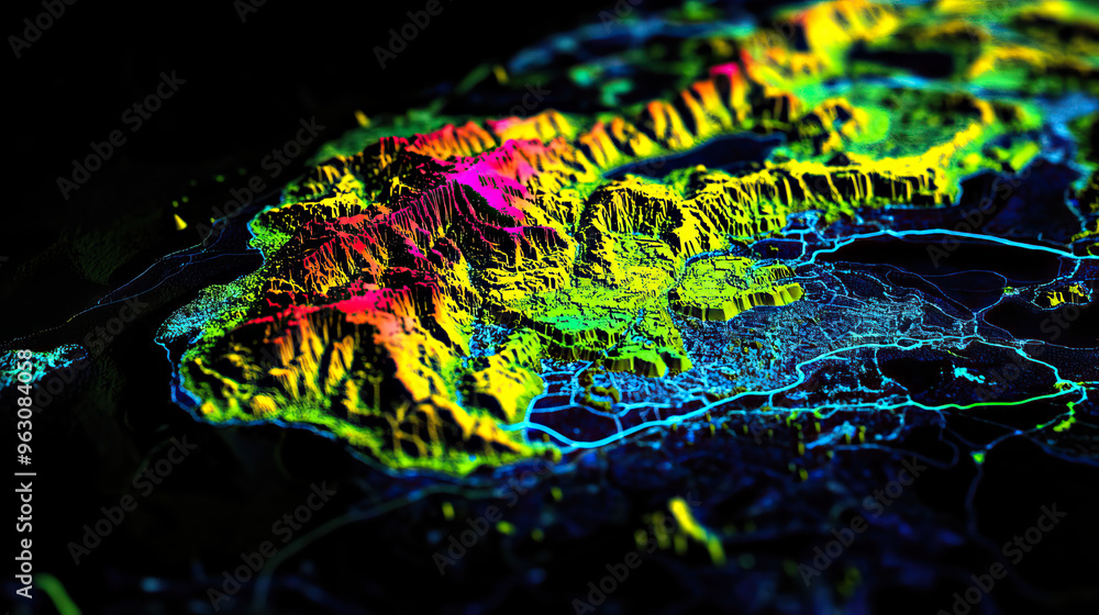 Technical aerial visual, 3D LiDAR GIS aerial map satellite scan model ...