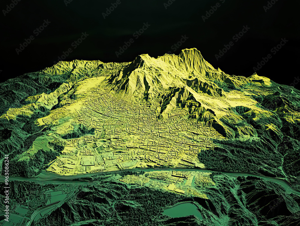 Technical aerial visual, 3D LiDAR GIS aerial map satellite scan model ...
