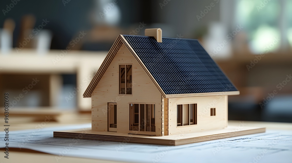 Architectural model, miniature house with black roof, detailed ...