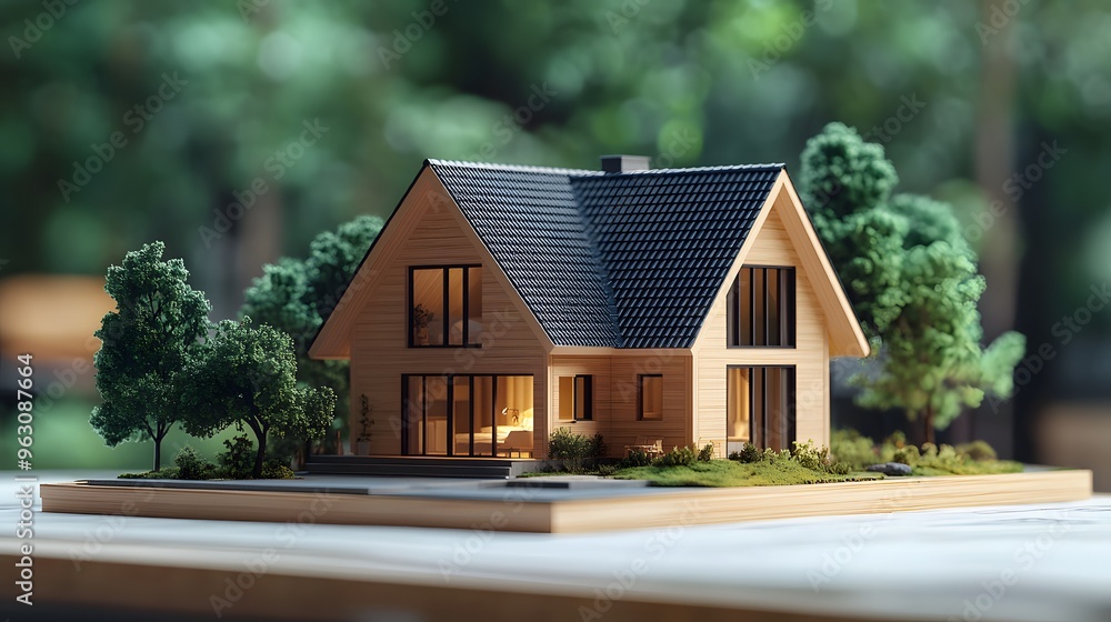 Architectural model, miniature house with black roof, detailed ...