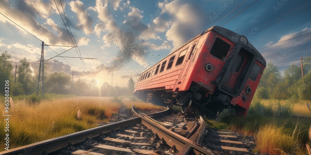Accident on the railway tracks, the train went off the rails, tragedy ...