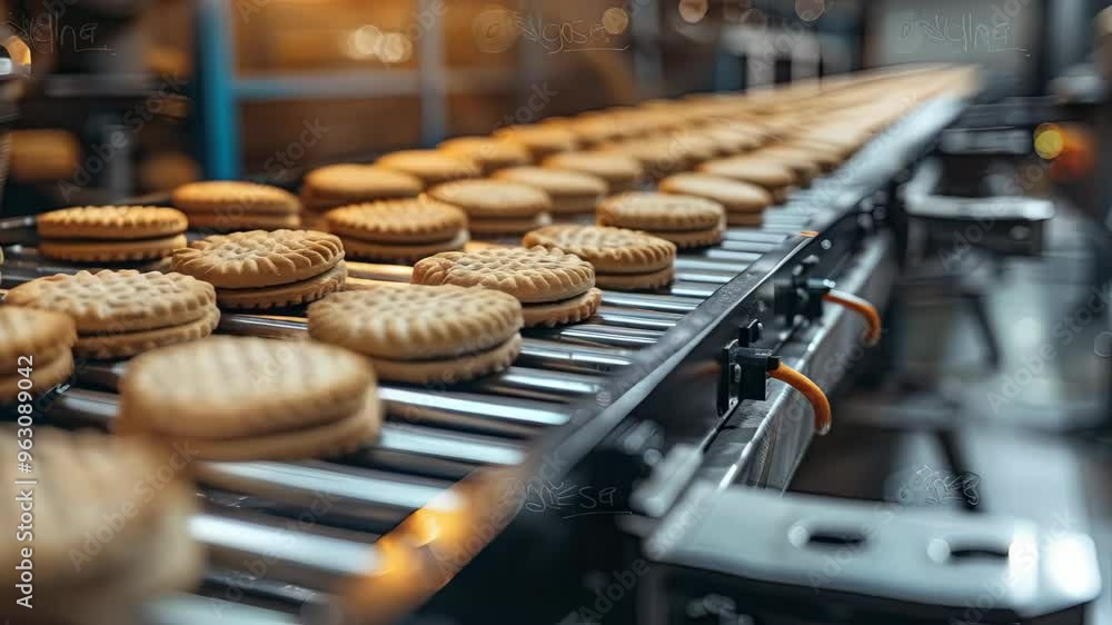 video of employees organize cookies on a conveyor belt within a food ...