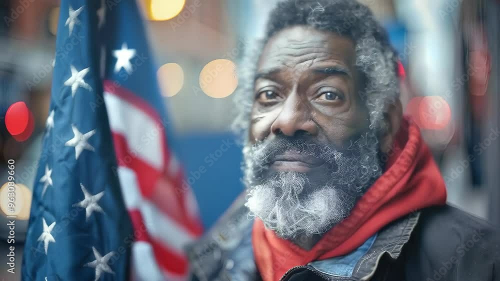 video of black skin old homeless man with american flag on the street ...