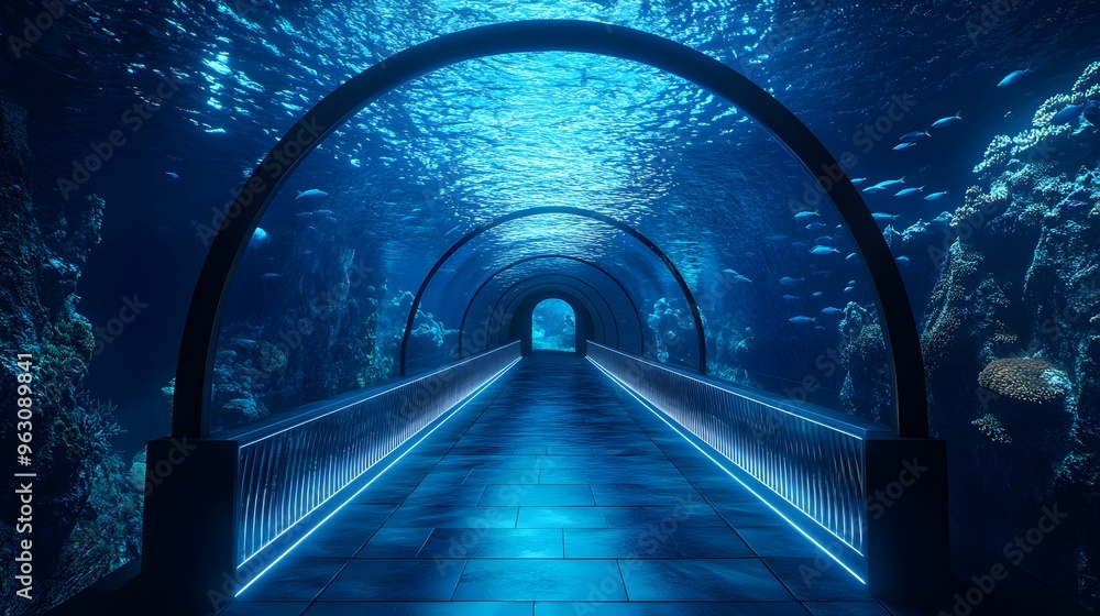 Bright underwater tunnel aquarium, vibrant blue water, diverse marine ...