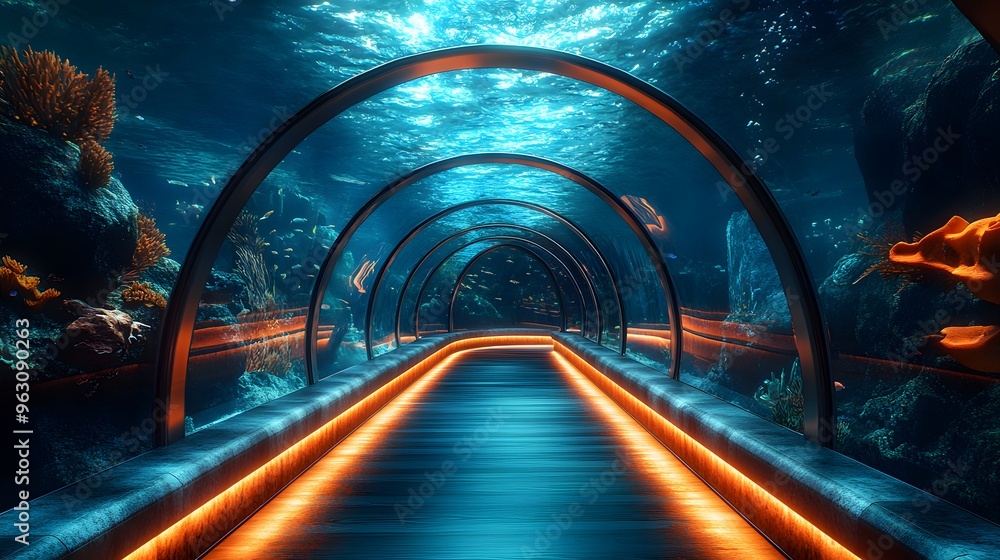 Bright underwater tunnel aquarium, vibrant blue water, diverse marine ...