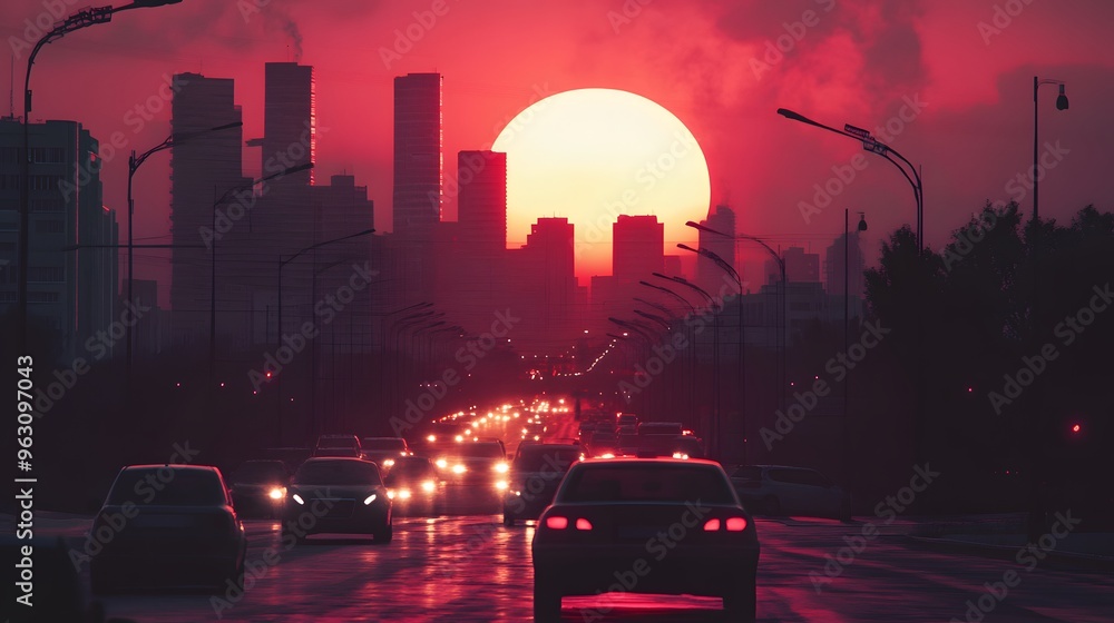 Summer urban sunset, vibrant red sun, hazy sky, city skyline, modern ...