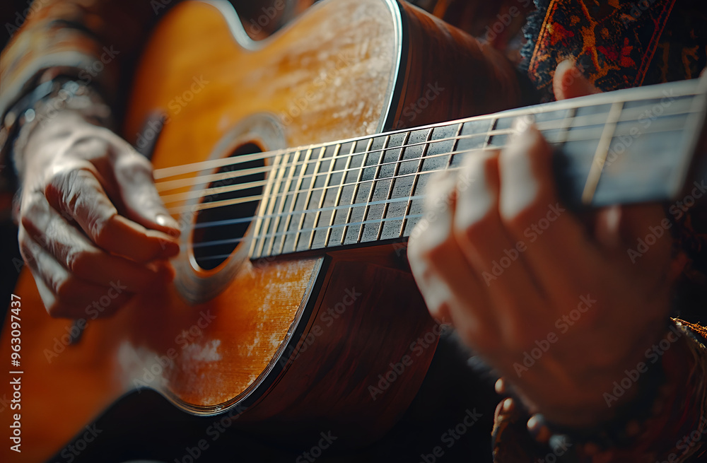 “Close-up of Hands Playing an Acoustic Guitar with Focus on the Strings ...