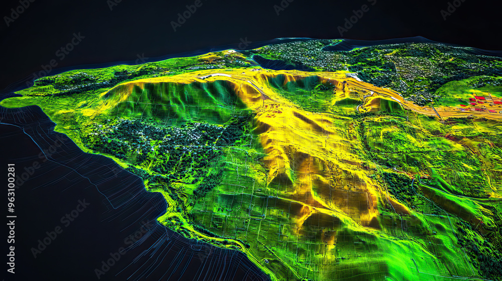 Technical aerial visual, 3D LiDAR GIS aerial map satellite scan model ...