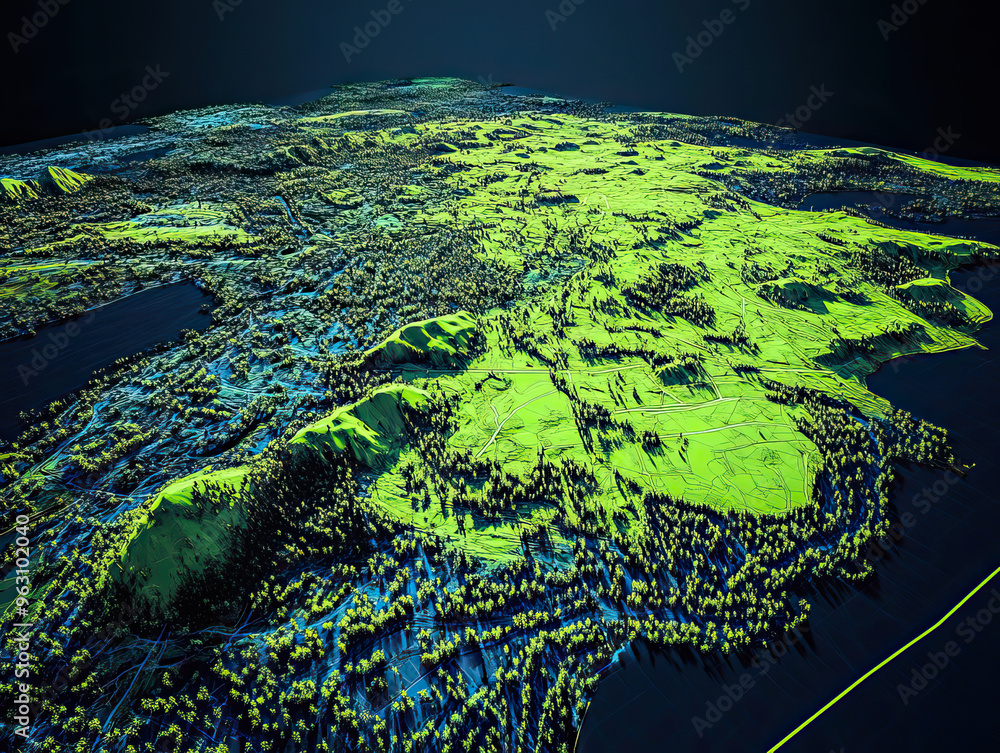 Technical aerial visual, 3D LiDAR GIS aerial map satellite scan model ...