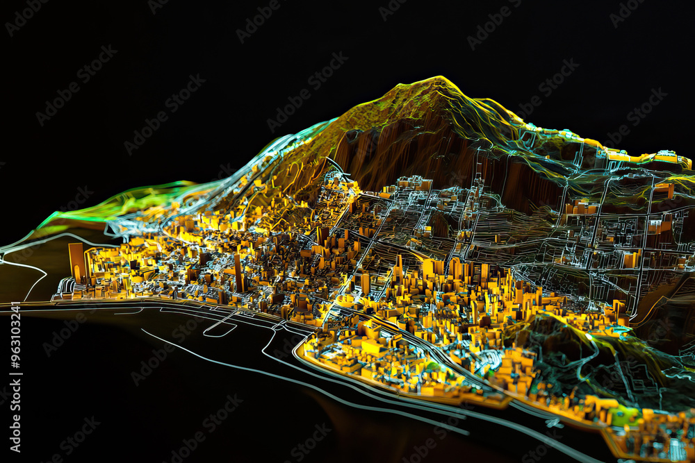 Technical aerial visual, 3D LiDAR GIS aerial map satellite scan model ...