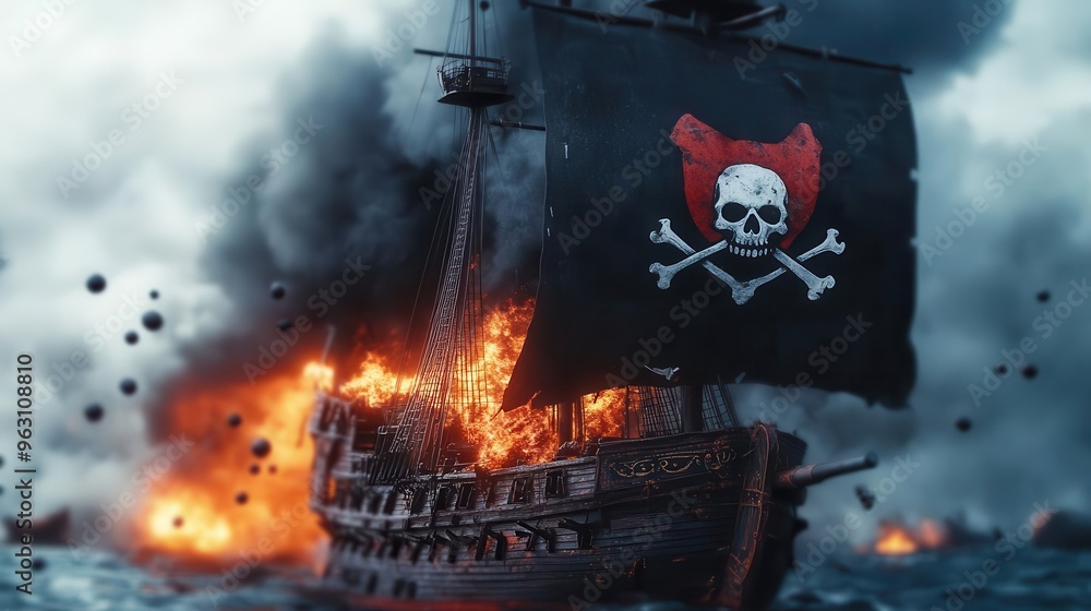 A pirate ship in battle with cannonballs flying and damage on the hull ...