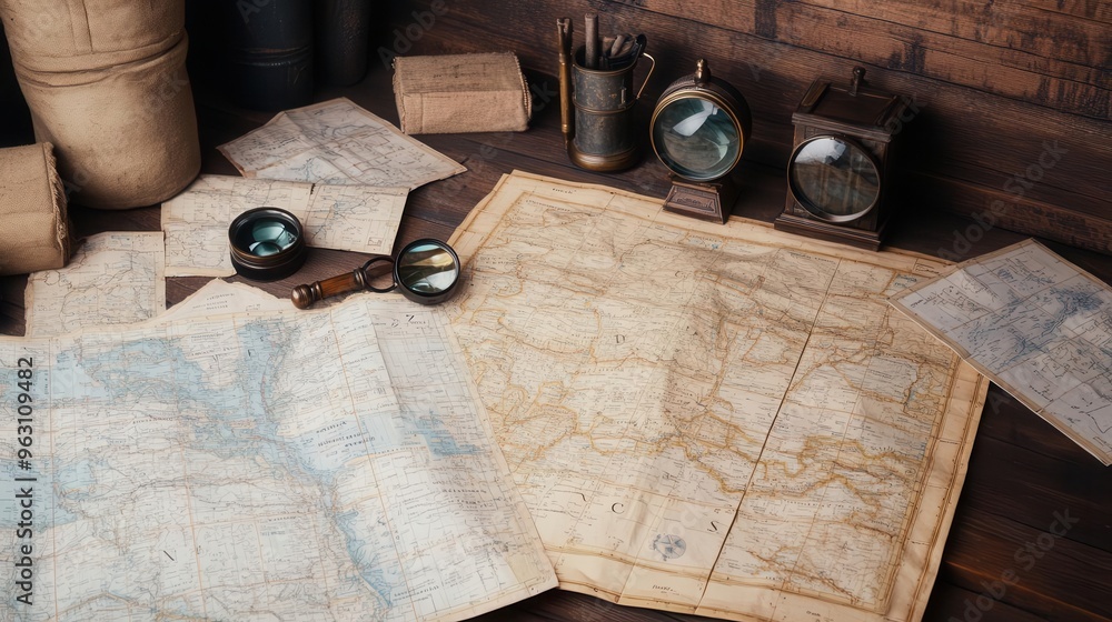 A pirate's cabin with maps, a spyglass, and nautical charts scattered ...