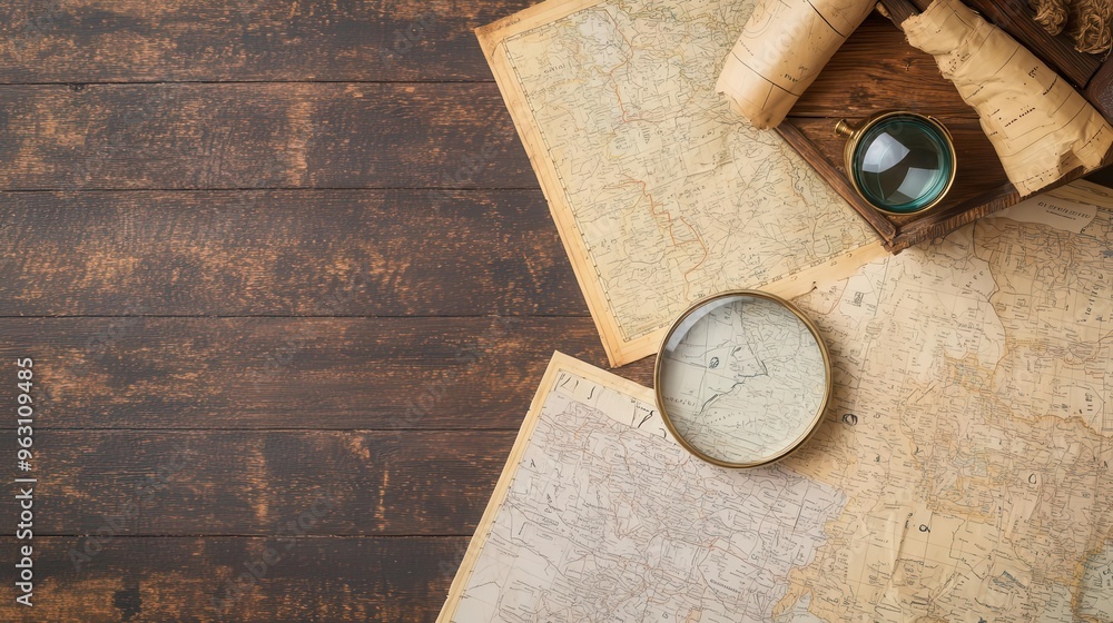 A pirate's cabin with maps, a spyglass, and nautical charts scattered ...
