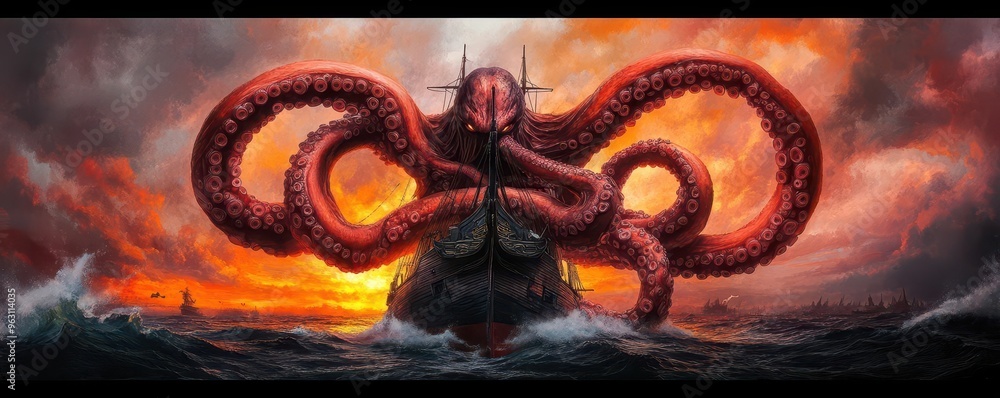 A pirate ship under attack by a kraken, tentacles wrapping around the hull, pirate ship, kraken ...