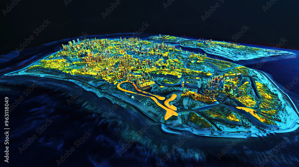 Technical aerial visual, 3D LiDAR GIS aerial map satellite scan model isolated, showing Male ...
