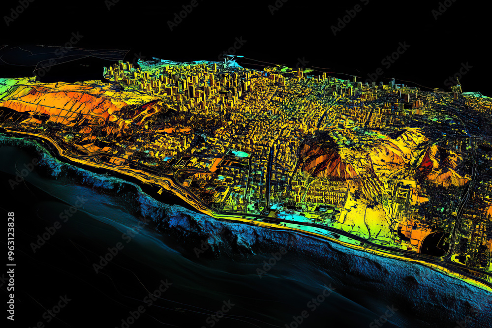 Technical aerial visual, 3D LiDAR GIS aerial map satellite scan model ...