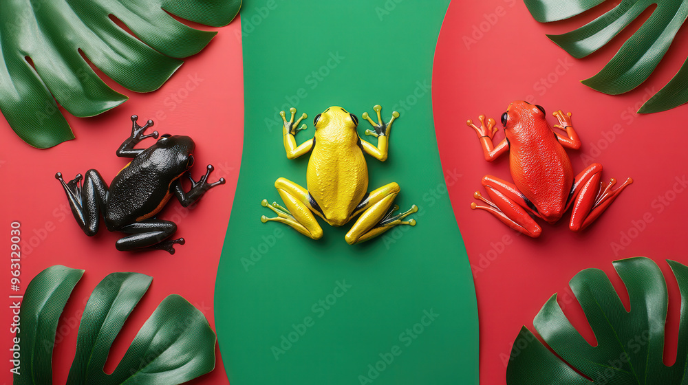 Colorful rainforest frogs on tropical leaves, showcasing diversity and ...